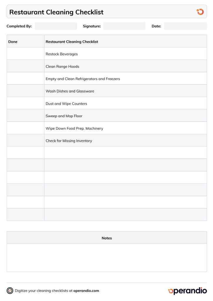 Restaurant Cleaning Checklist Template | Operandio