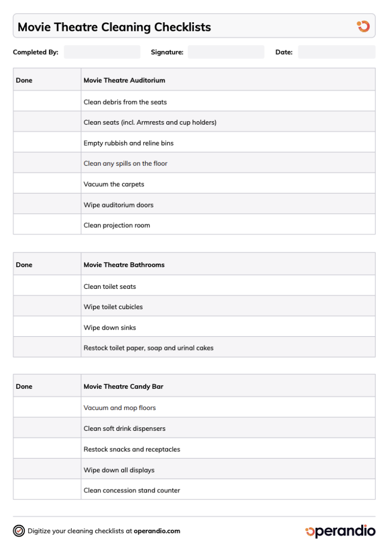 Free Movie Theater Cleaning Checklist | Operandio