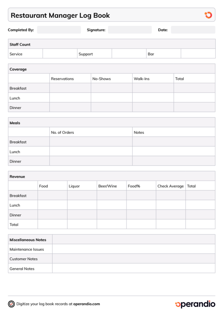 Restaurant Manager Log Book Template: Get Free Template Here
