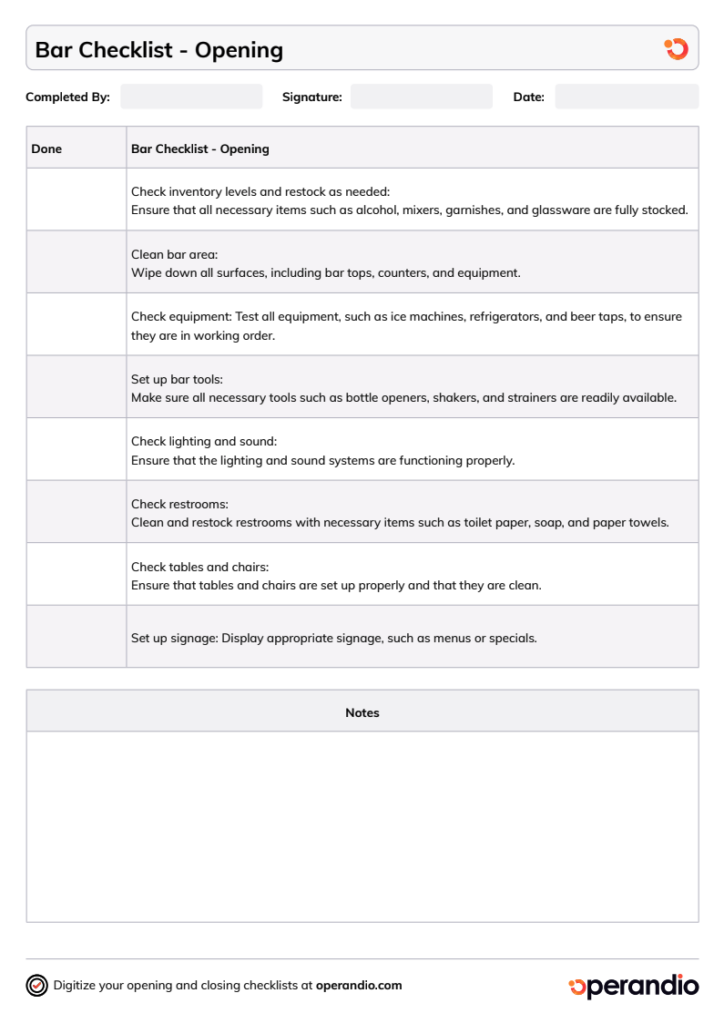 Bar Opening and Closing Checklist Template