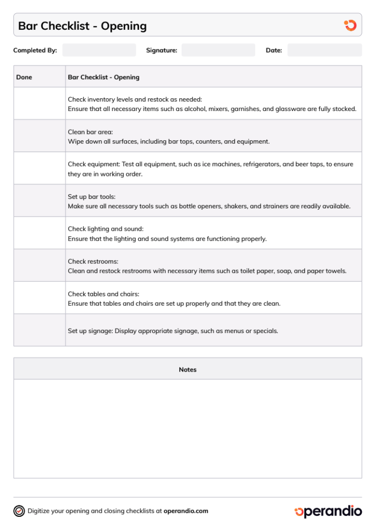 Bar Opening and Closing Checklist Template