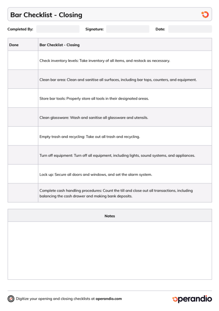 Bar Opening and Closing Checklist Template