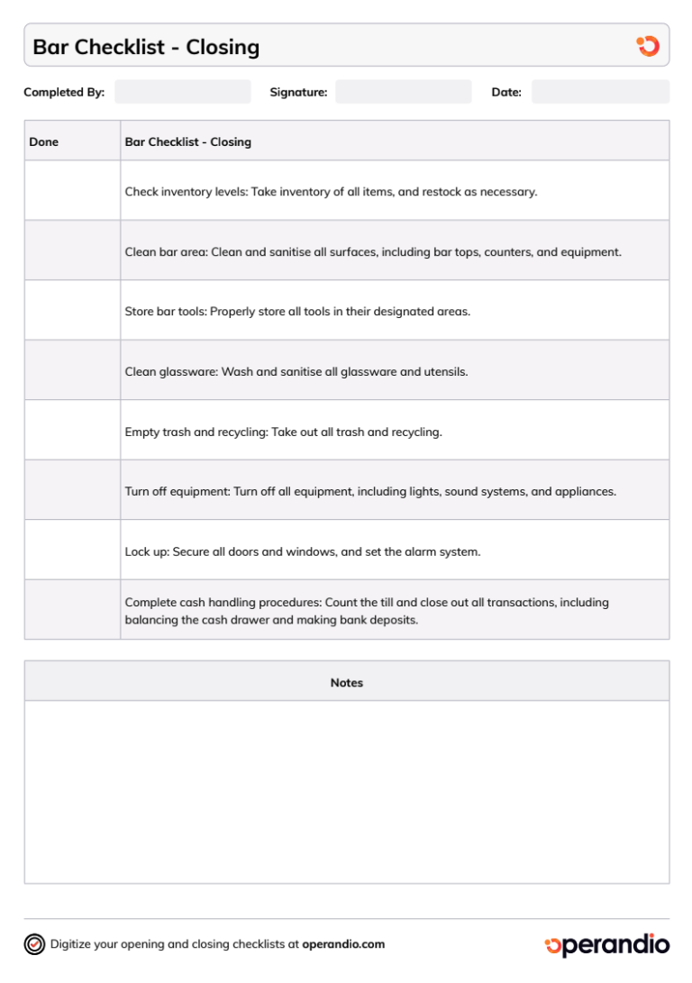 Bar Opening and Closing Checklist Template