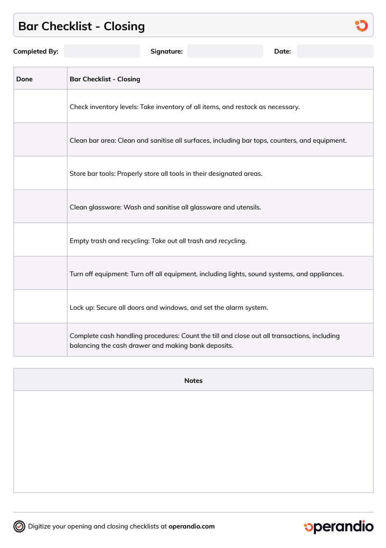 Bar Opening and Closing Checklist Template